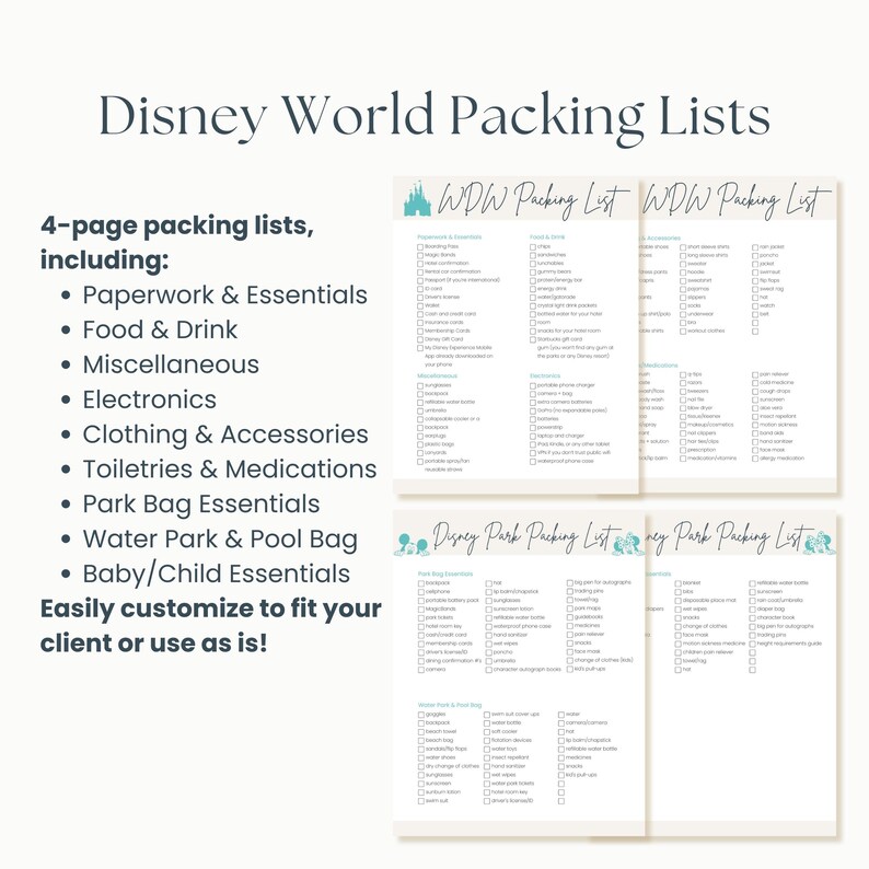 WDW Packing List Template Bundle for Travel Agents Customizable Park ...