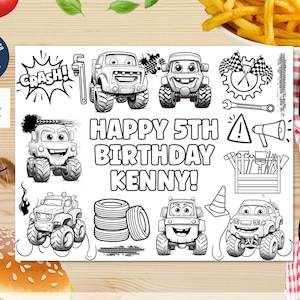 Editable Cute Monster Trucks Coloring Page | Placemat Coloring Page ...