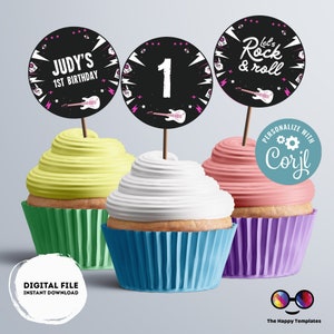 EDITABLE Rock N Roll Round Cupcake Toppers | Rockstar Party | Birthday ...