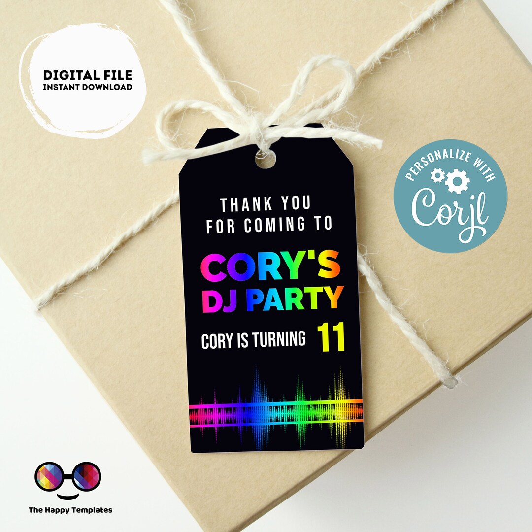 EDITABLE DJ Party Neon Favor Tag | Neon Glow in the Dark Party Thank ...