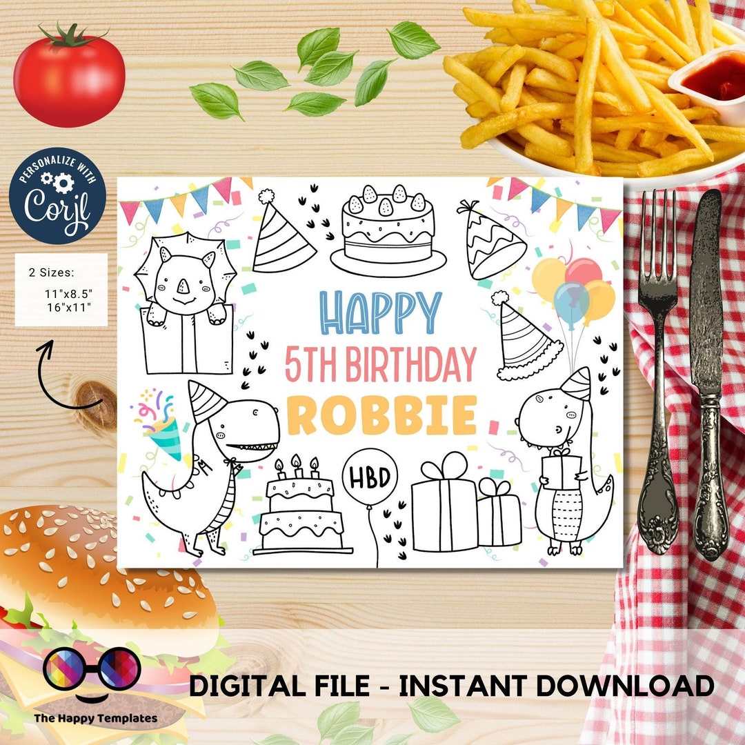 Editable Dino Party Coloring Page With a Pop of Color | Placemat ...