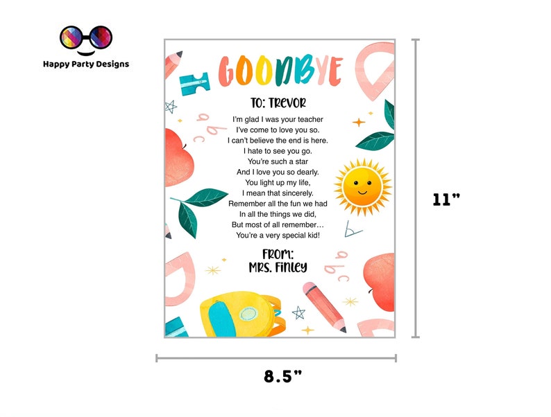 Gift From Teacher End of School Letter Goodbye Poem to - Etsy