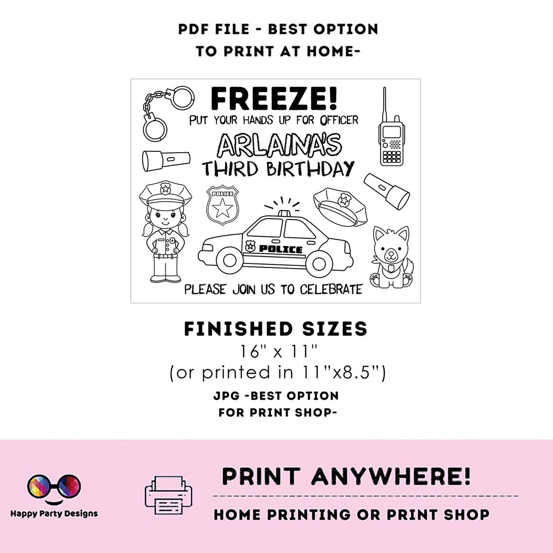 Editable Police Coloring Page Police Party Police Girl - Etsy