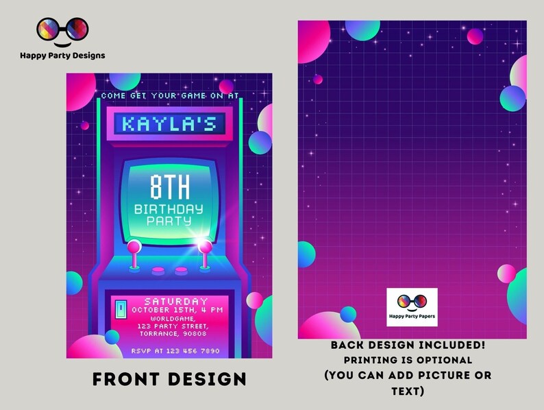 Editable Arcade Birthday Invite Template Printable Neon - Etsy