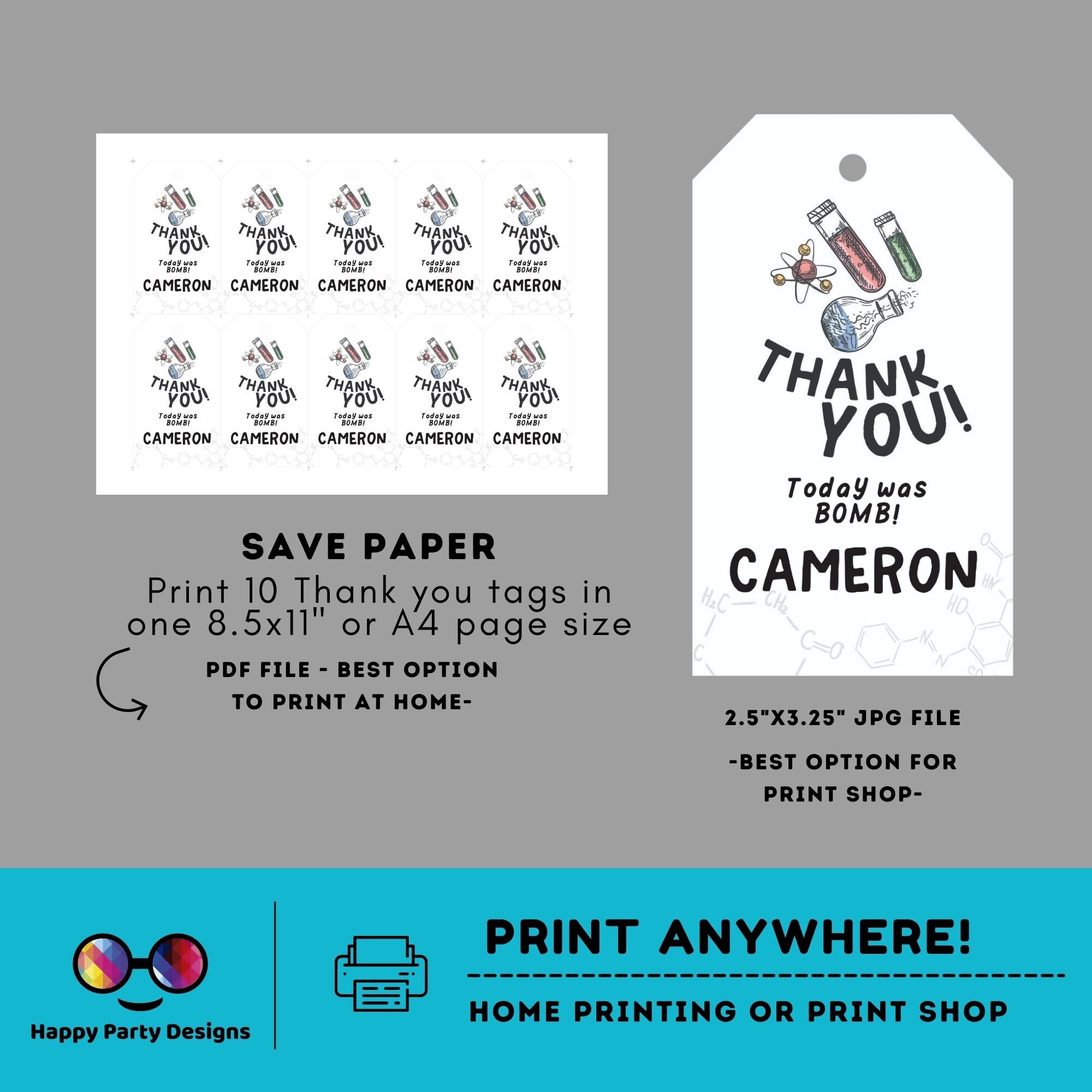 Editable Science Birthday Thank You Gift Tags Mad Scientist - Etsy