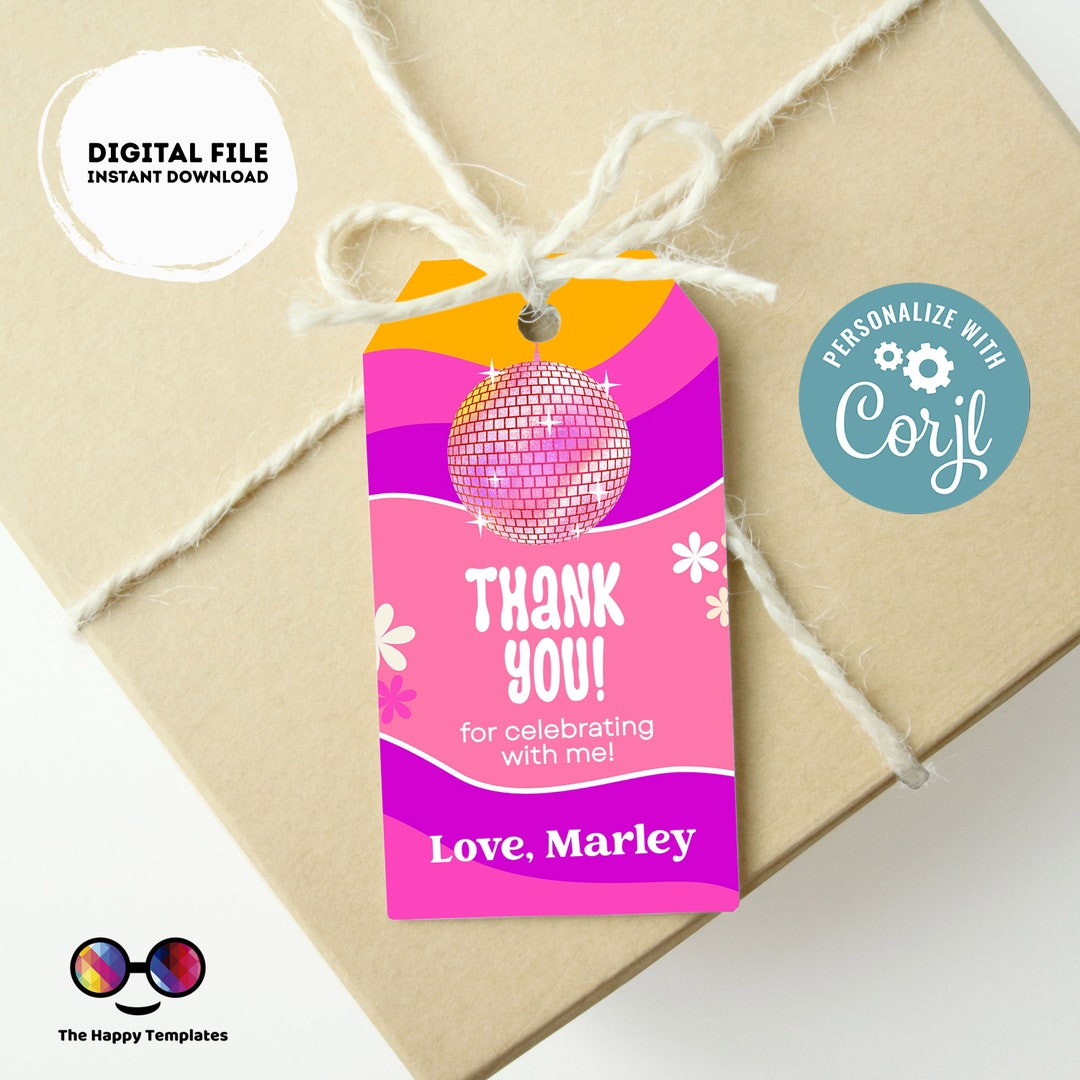 Disco Ball Birthday Thank You Tag | Groovy Birthday Party Tag Template ...