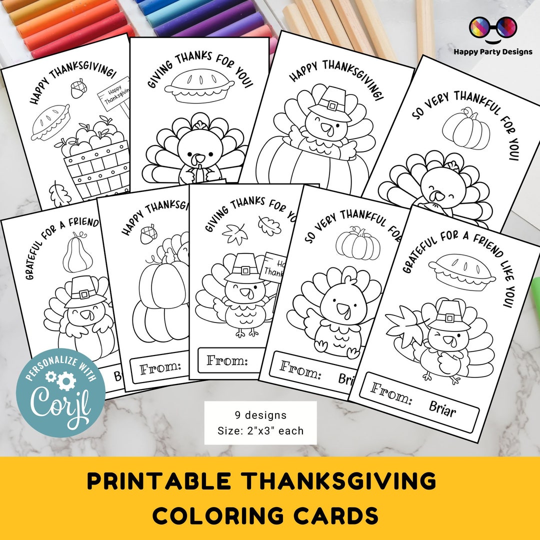Editable Thanksgiving Printable Coloring Cards Editable Set of 9 | for ...