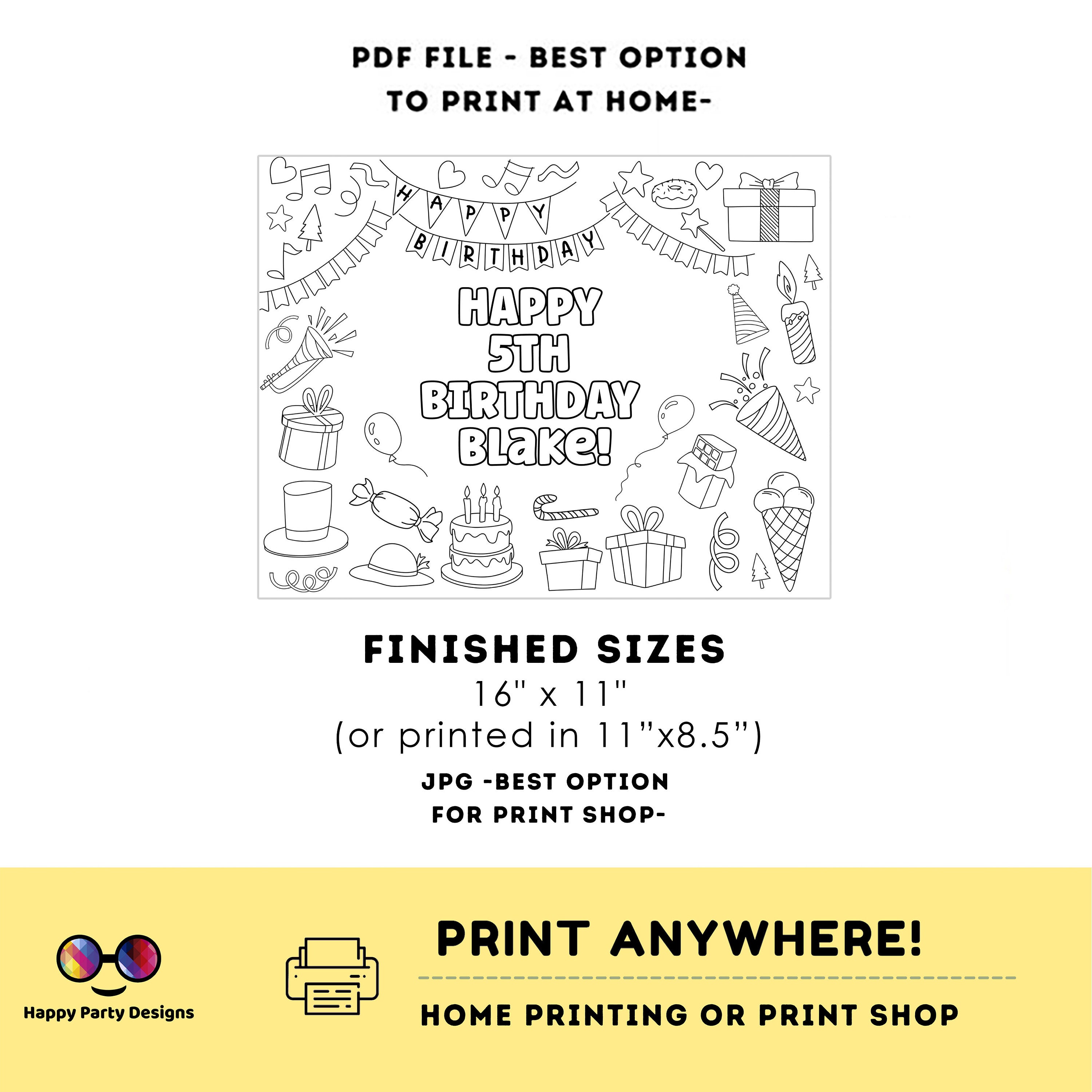 Editable Happy Birthday Coloring Page Placemat Coloring Page - Etsy Canada