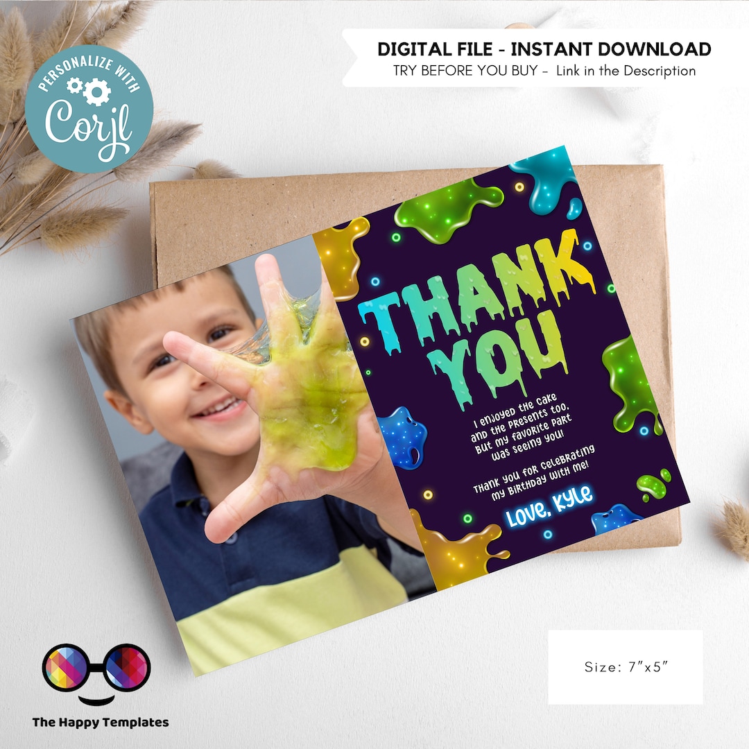 Slime Thank You Card With Photo | Slime Party | Birthday Boy | Slime ...