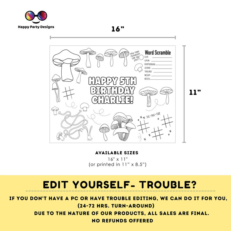 Editable Mushrooms Coloring Activity Page Mushrooms Birthday - Etsy