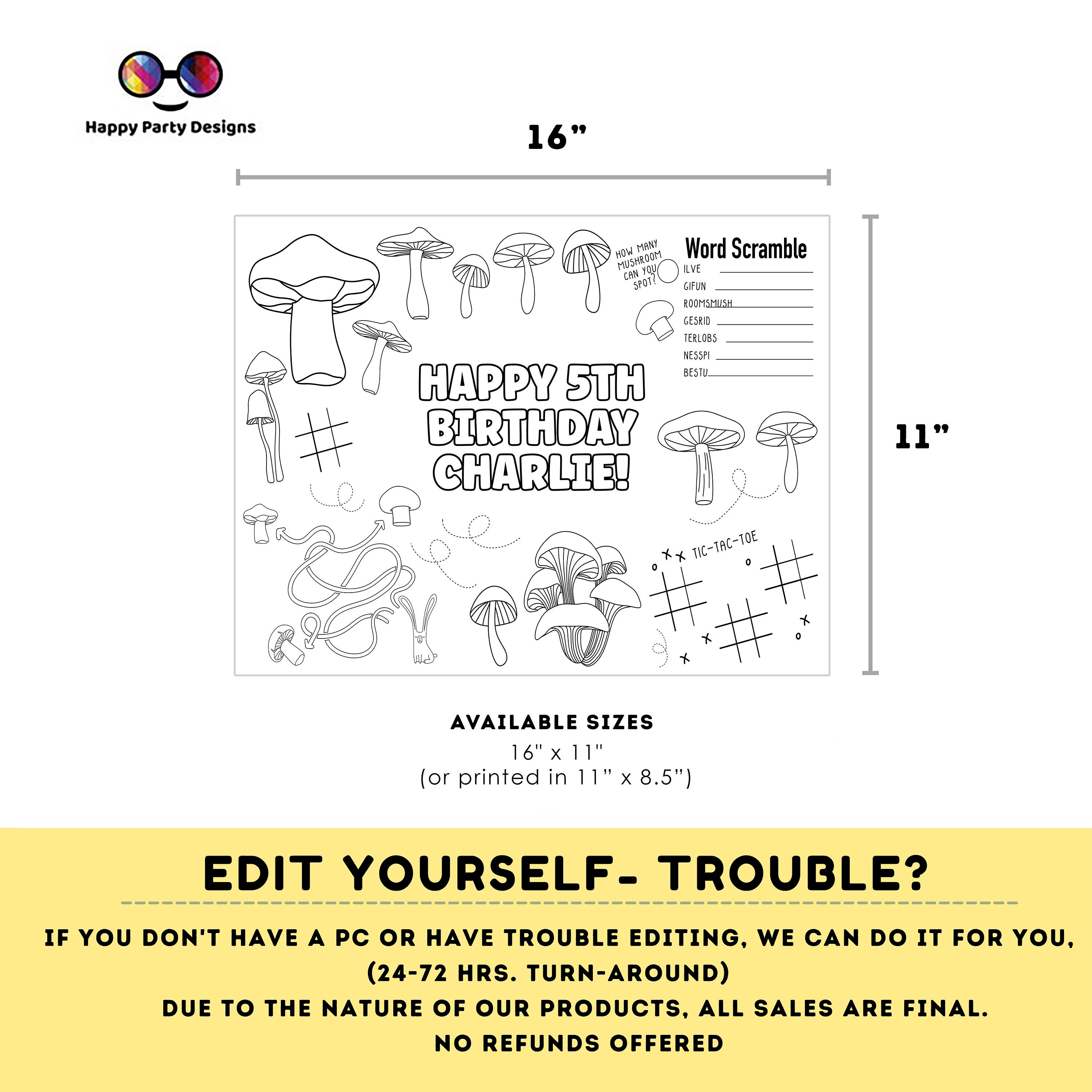 Editable Mushrooms Coloring Activity Page Mushrooms Birthday - Etsy