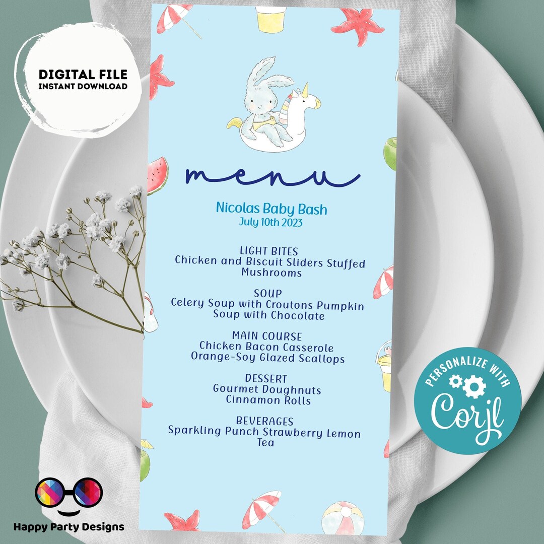 Pool Baby Bash Menu Template | Summer Baby Shower | Boy | Pool Party ...