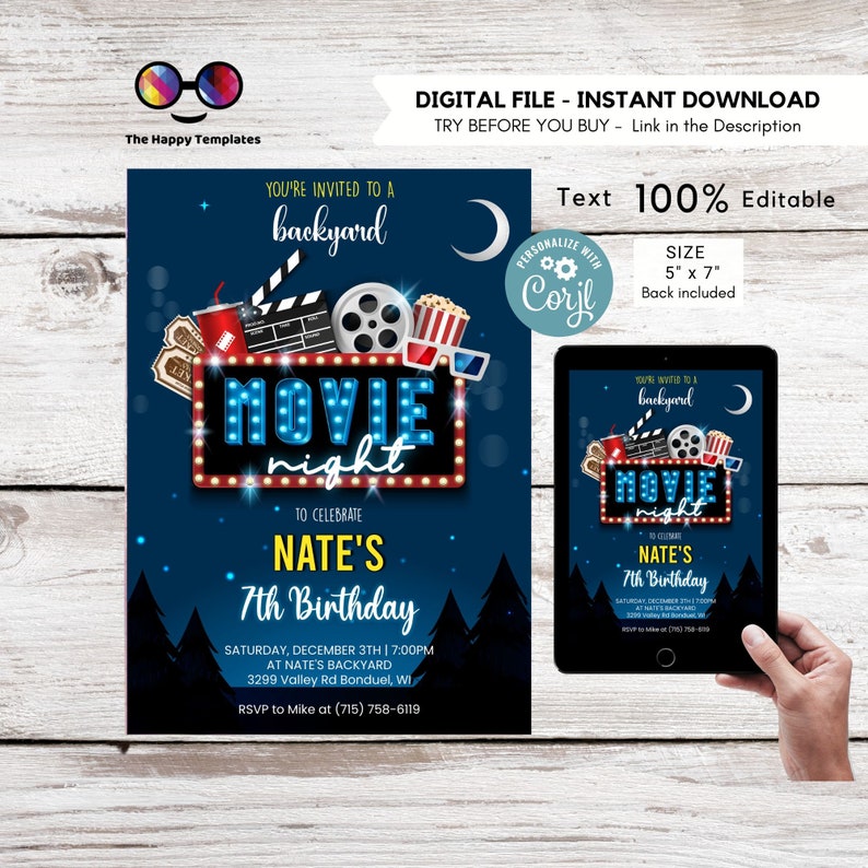 Editable Neon Movie Party Invitation Movie Party Printable - Etsy