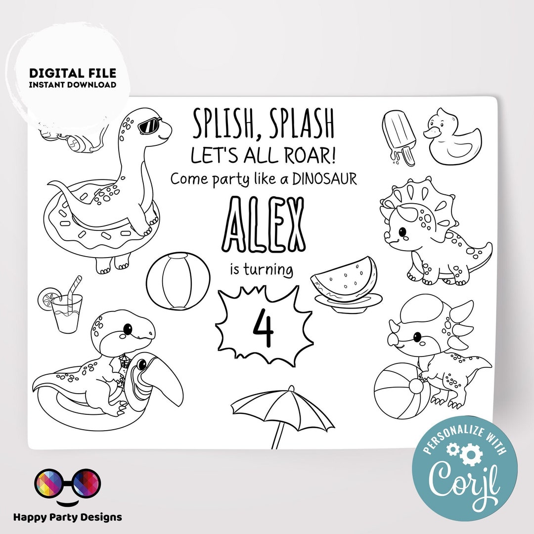 Editable Dinosaur Pool Party Coloring Page | Digital Dinosaur Pool ...