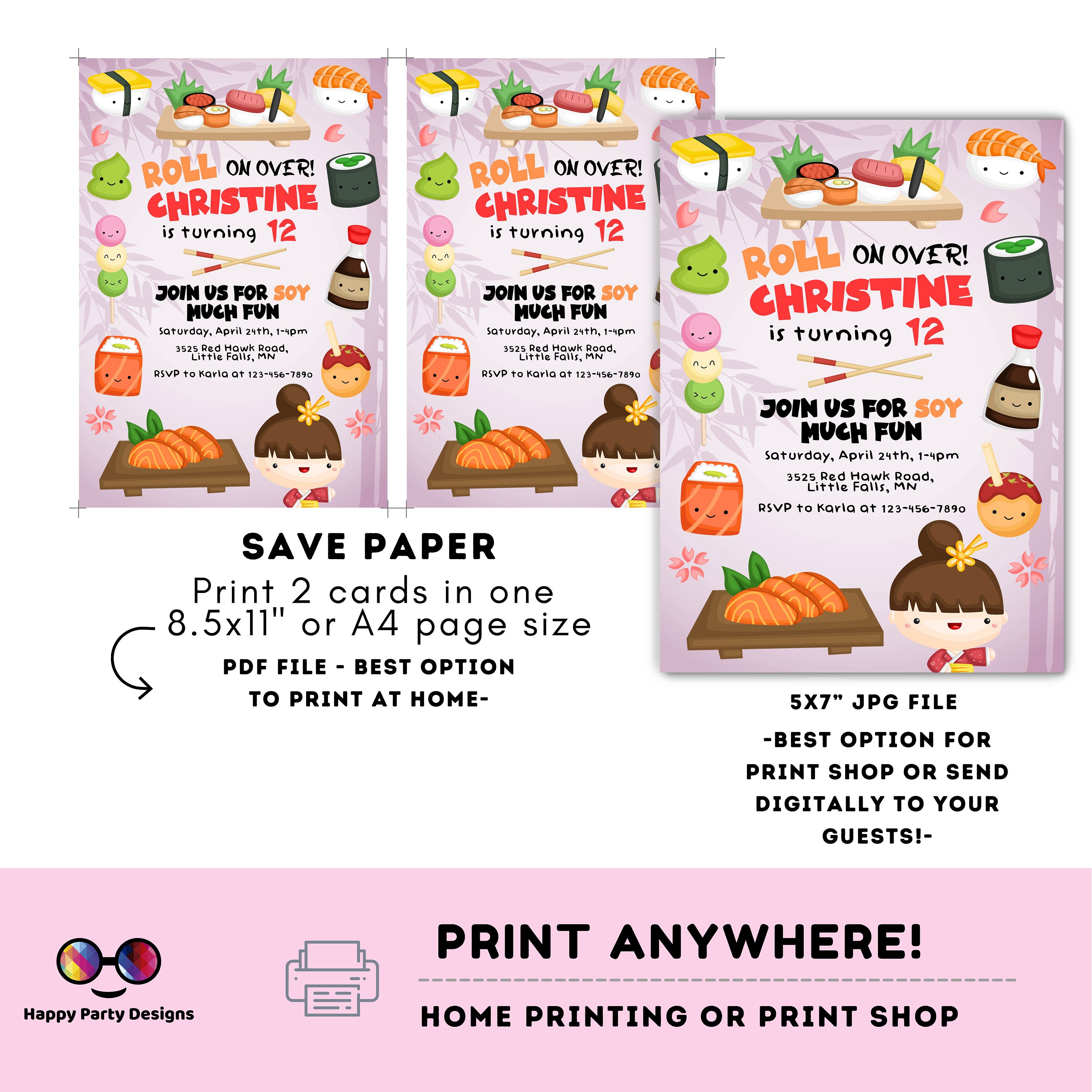 Editable Sushi Birthday Party Invitation Sushi Invitation - Etsy