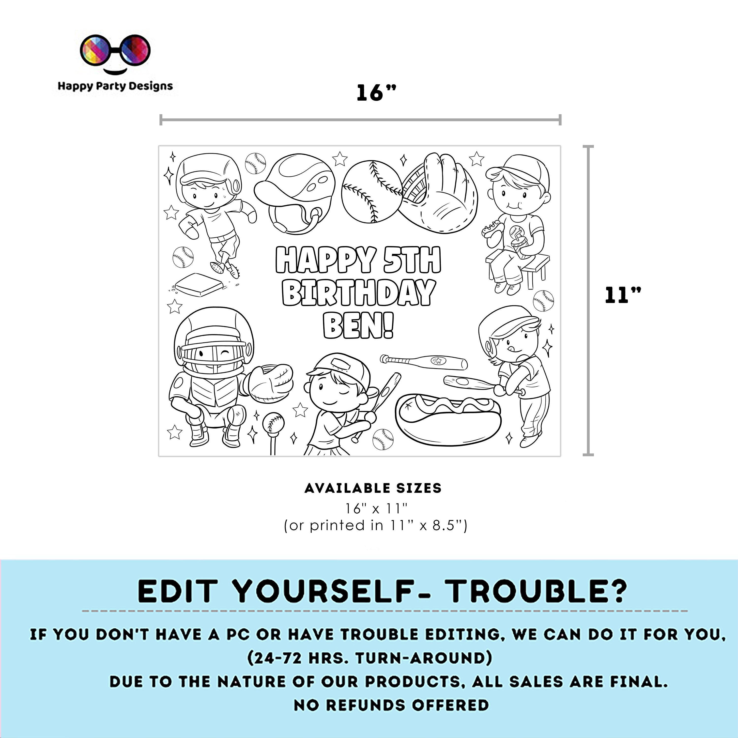Editable Baseball Birthday Coloring Page Sports Party - Etsy Canada
