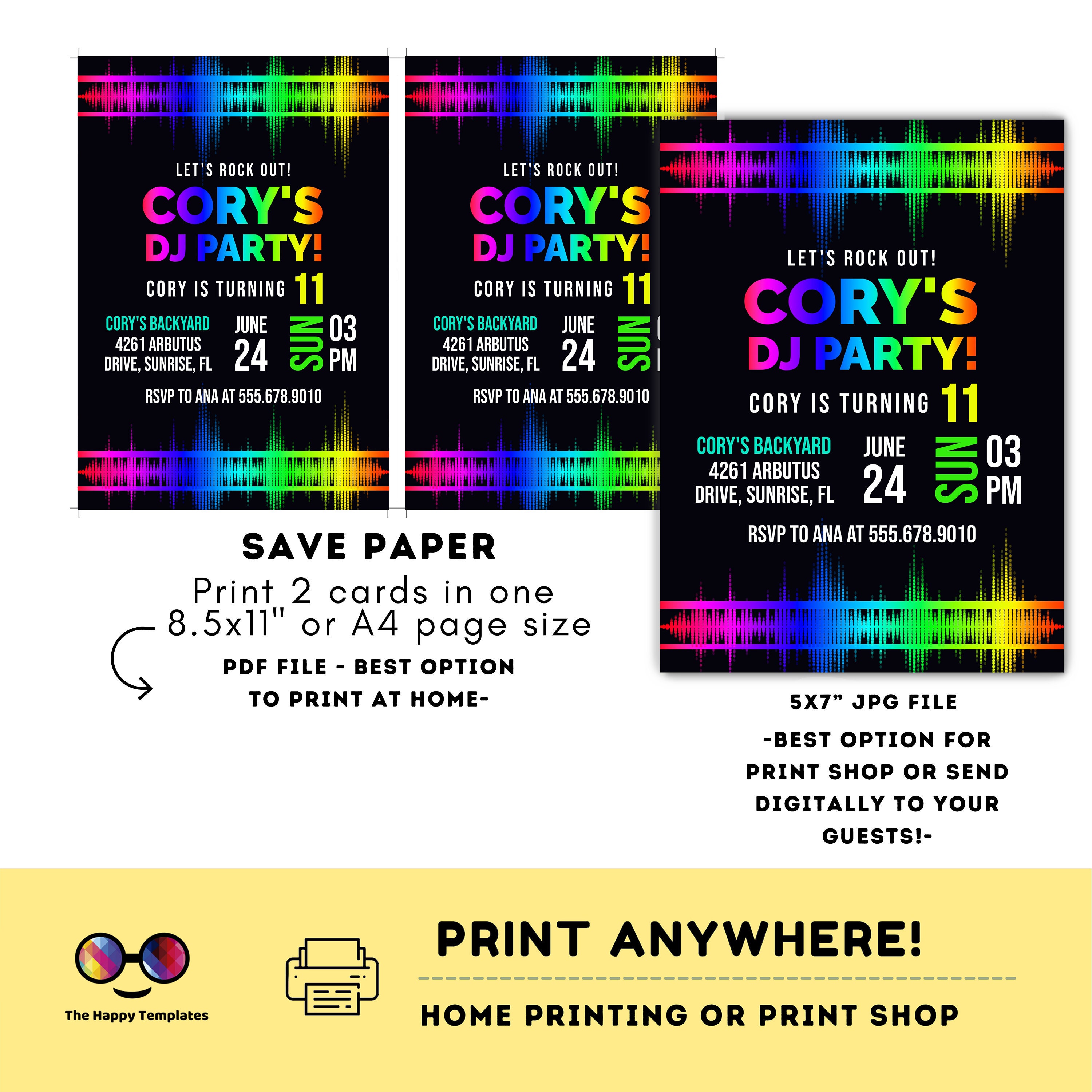 EDITABLE DJ Party Birthday Invitation Neon Glow in the Dark - Etsy