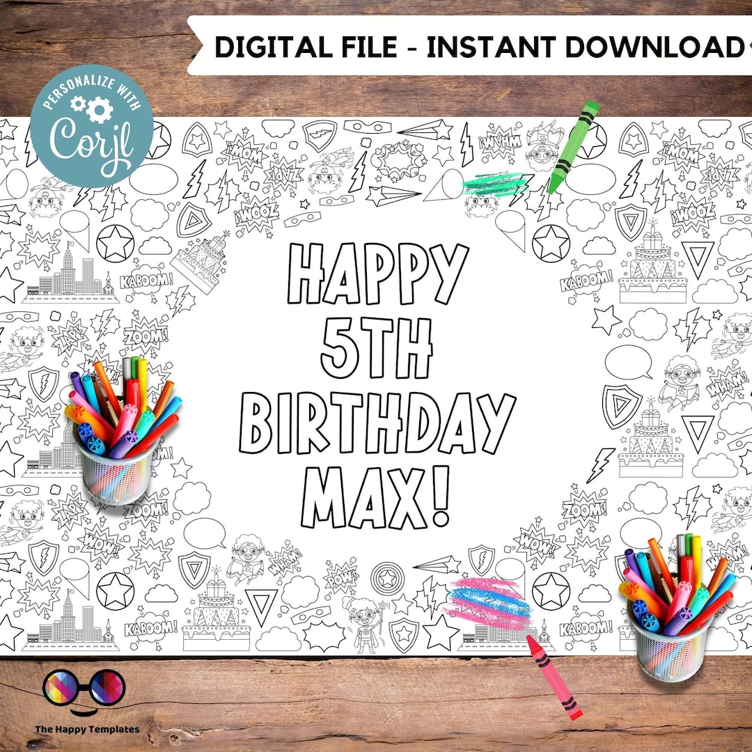 Editable Superhero XL Coloring Table Runner | Superheroes Birthday ...