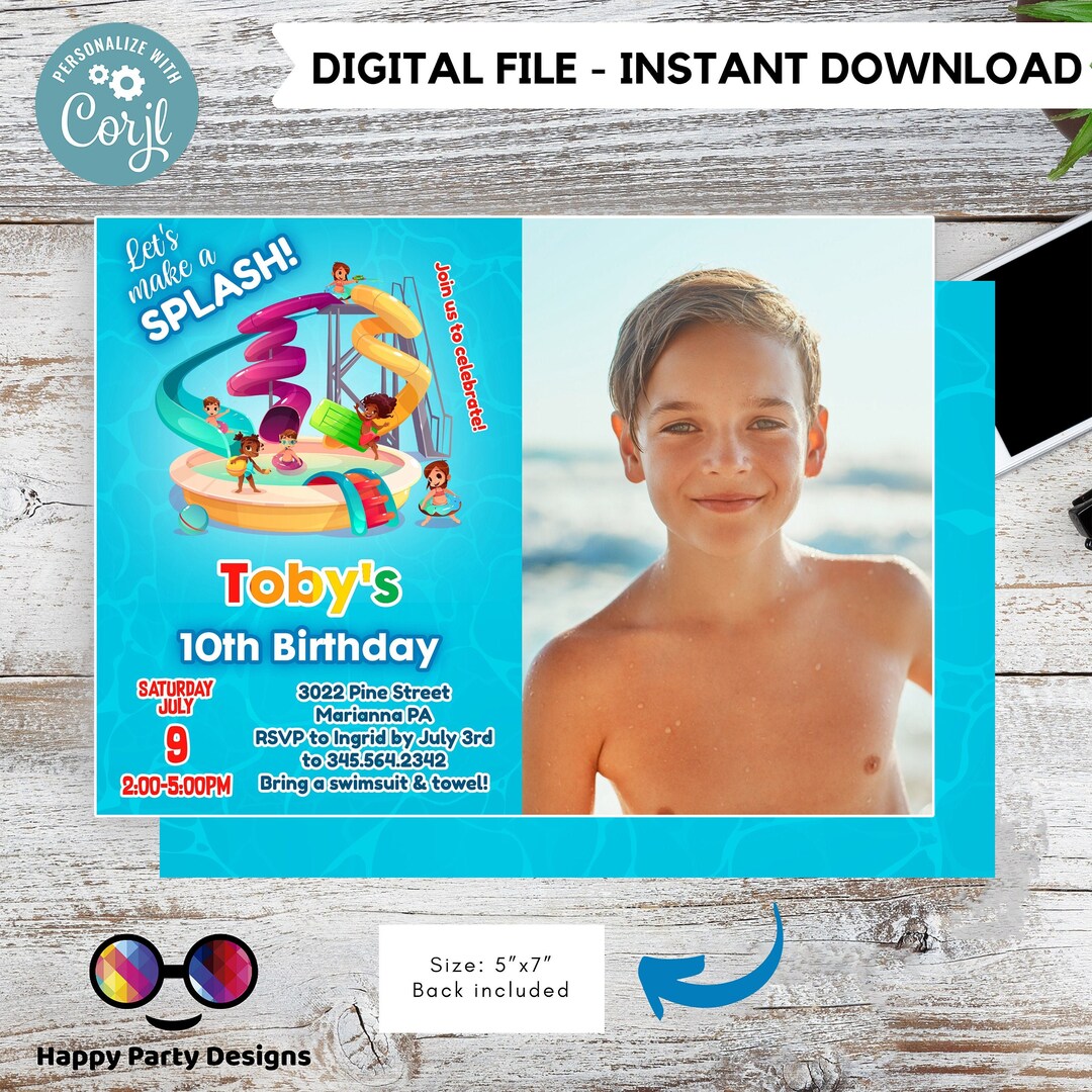 Editable Water Park Birthday Invitation With Photo | Let's Make a ...