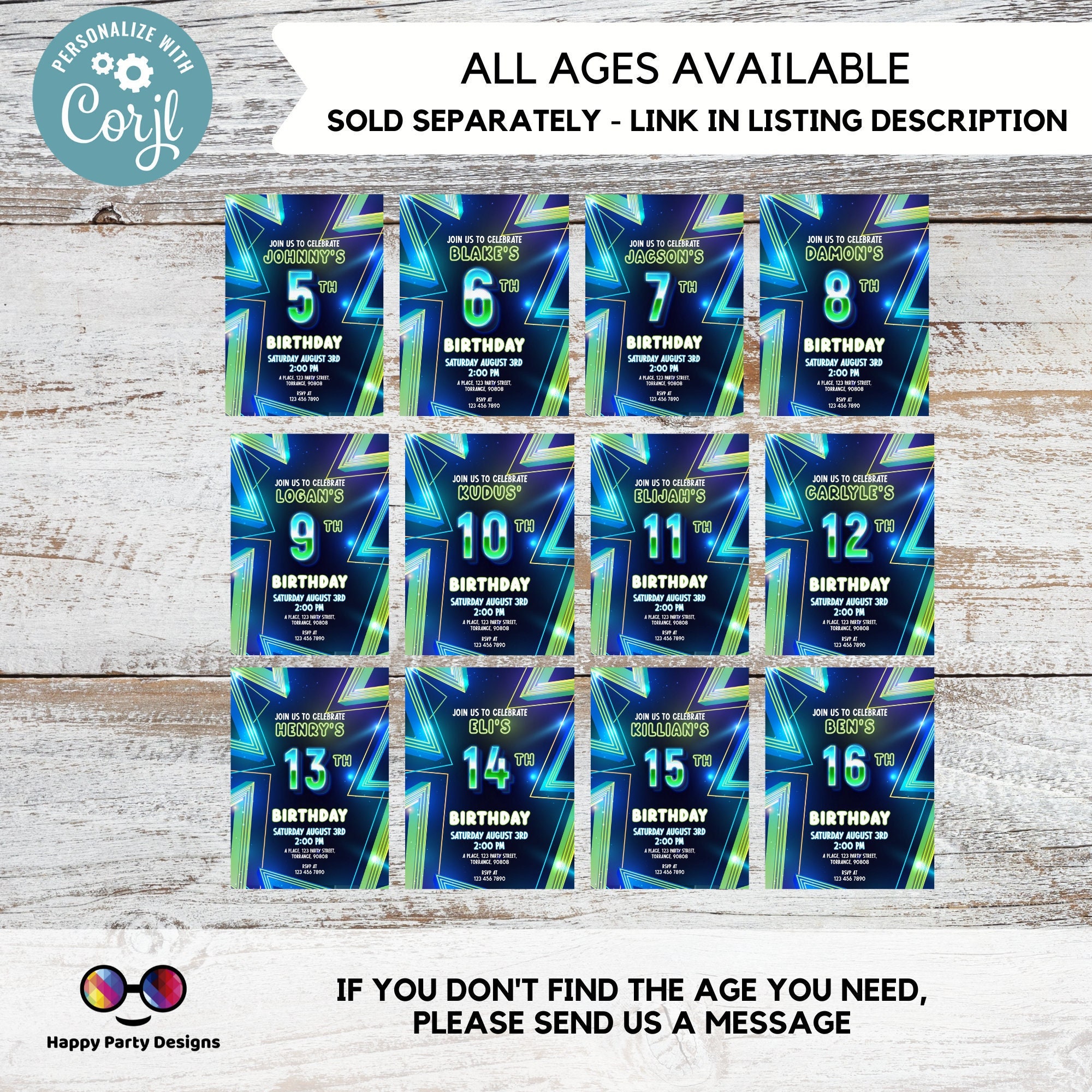 EDITABLE Boy 9th Birthday Invitation | Neon Glow in the Dark Party ...