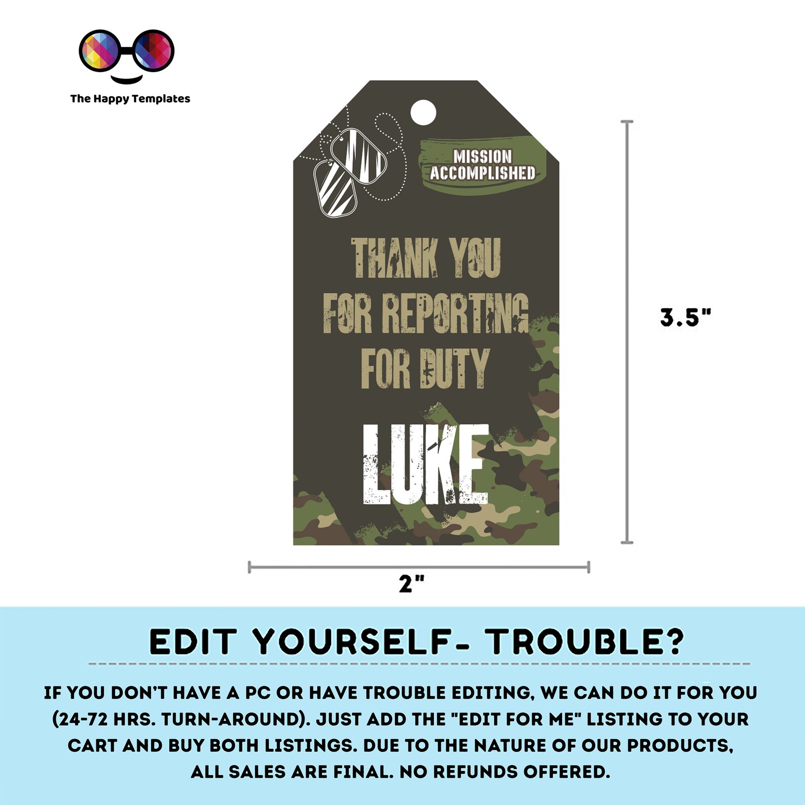 Kids Editable Army Birthday Thank You Tag | Printable Birthday Army ...