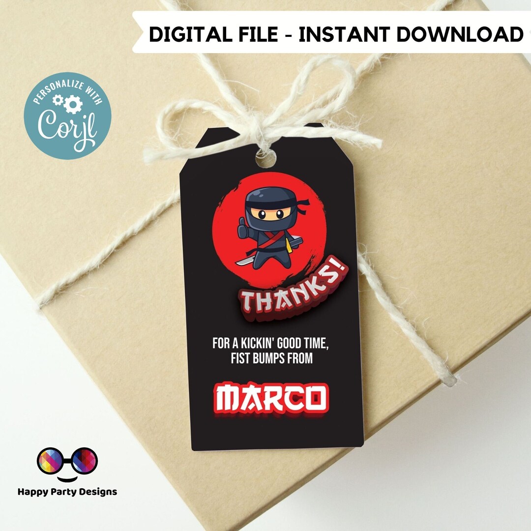 Editable Ninja Birthday Thank You Gift Tags | Ninja Favor Tags ...