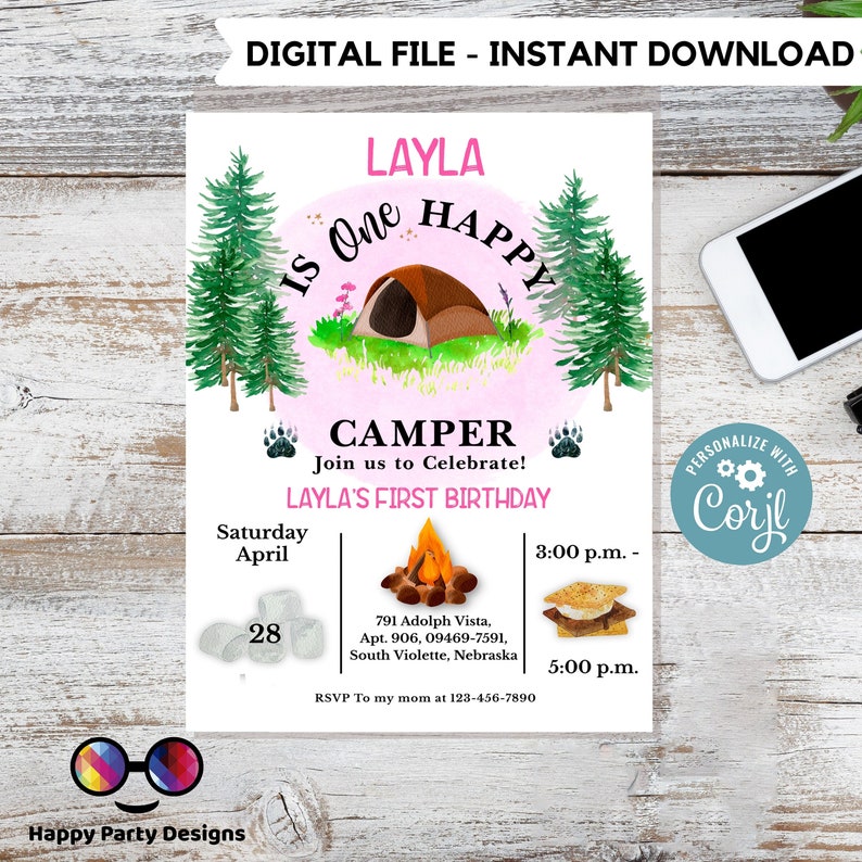Editable Happy Camper Birthday Invitation | One Happy Camper | First Birthday | Camping Birthday ...