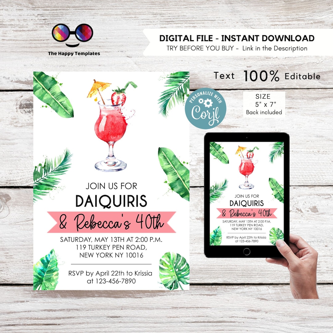 Editable Daiquiris Invitation | Summer Drinks Party | EDITABLE TEMPLATE ...