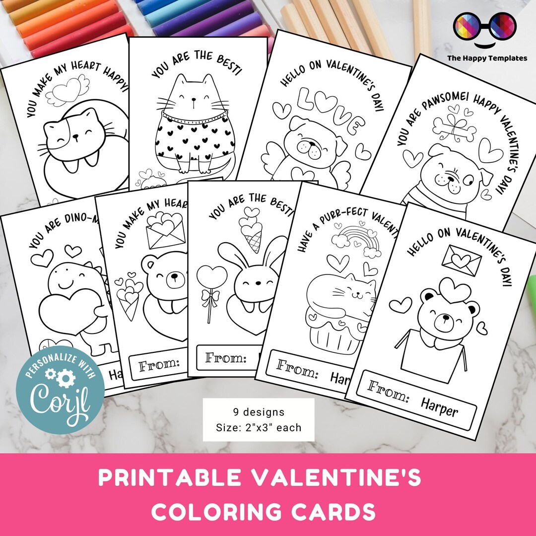 Editable Valentines Printable Coloring Cards Editable Set of 9 | for ...
