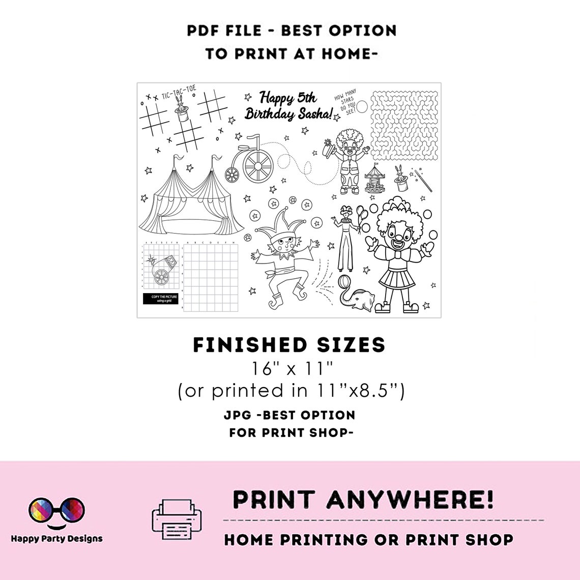 Editable Circus Coloring Activity Page Girl Party Placemat - Etsy