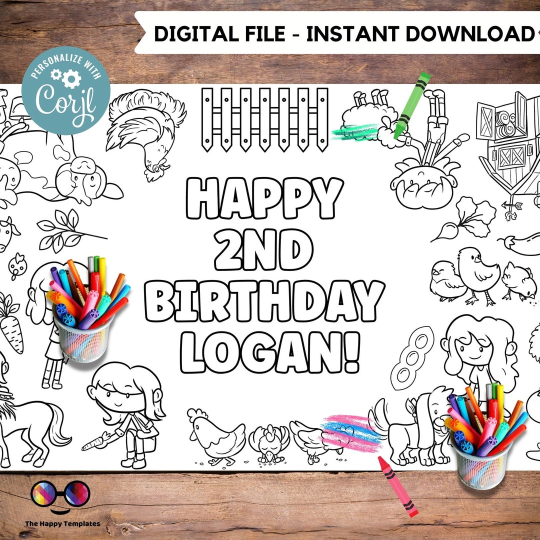 Editable Farm Animals and Kids XL Coloring Page | Farm Birthday Table ...