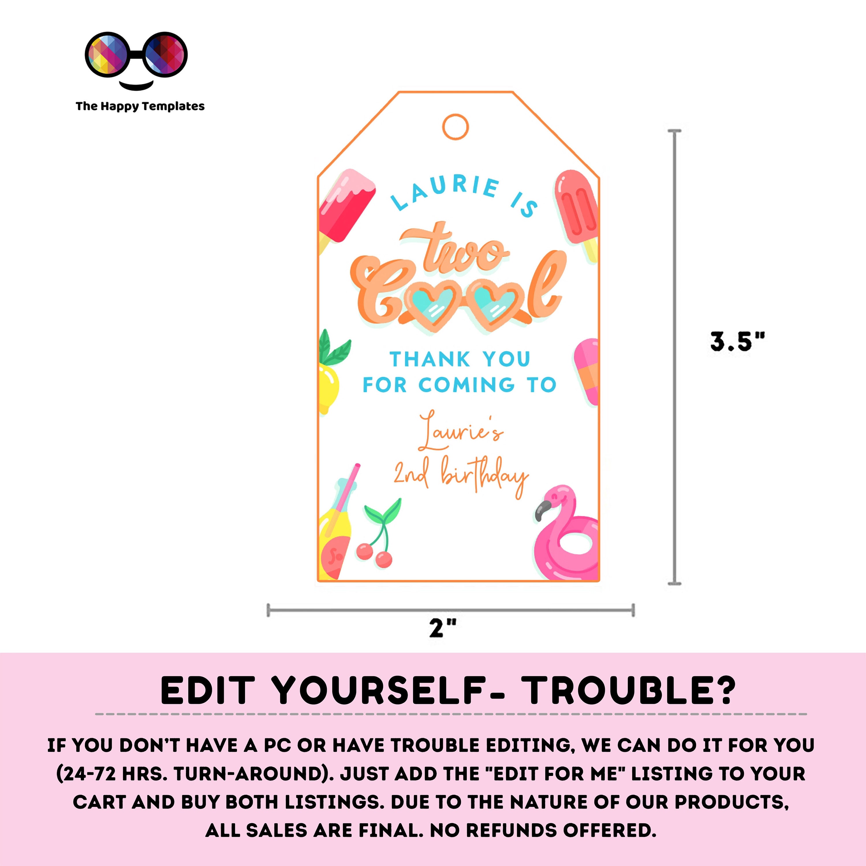 Editable Two Cool Birthday Thank You Gift Tags Summer Favor - Etsy Canada