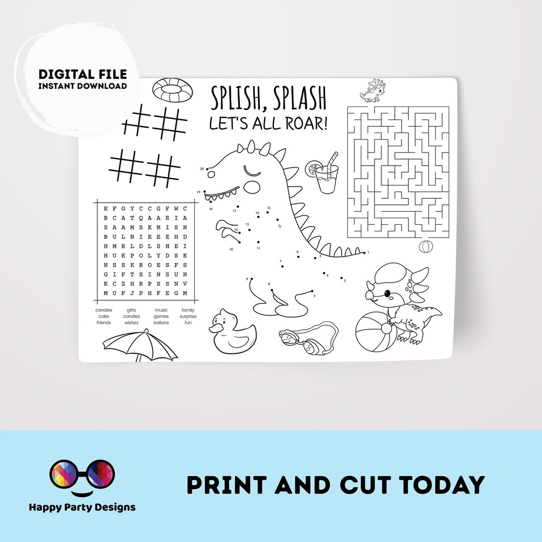 INSTANT DOWNLOAD Dinosaur Pool Party Coloring Page | Dinosaur Pool ...