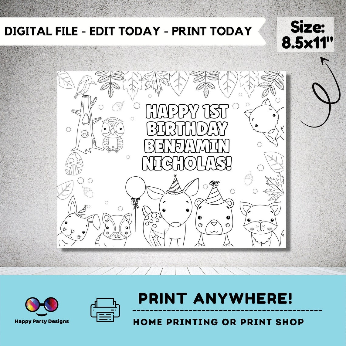 Editable Woodland Coloring Page First Birthday Coloring Page - Etsy Canada