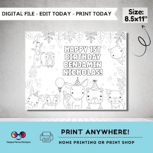 Editable Woodland Coloring Page | First Birthday Coloring Page | Any ...