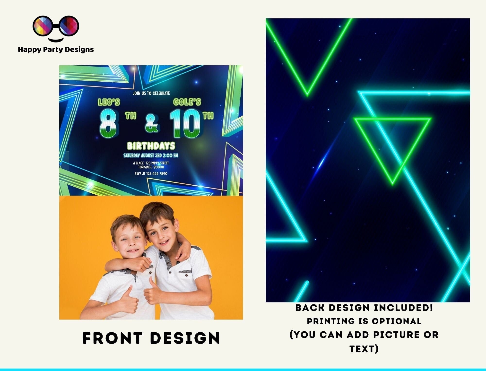 EDITABLE Neon Sibling Birthday Invitations With Photo | Any Age! Double ...