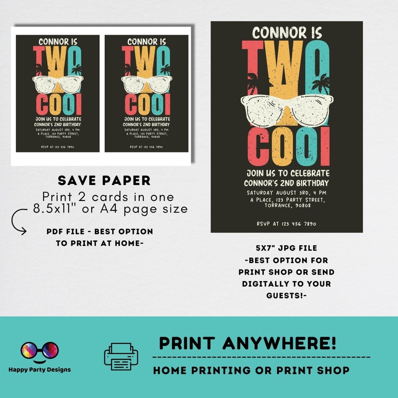 Editable Two Cool Birthday Invitation Boy Second Birthday - Etsy