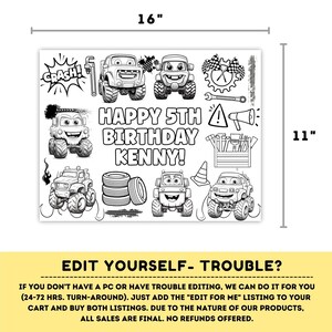 Editable Cute Monster Trucks Coloring Page | Placemat Coloring Page ...