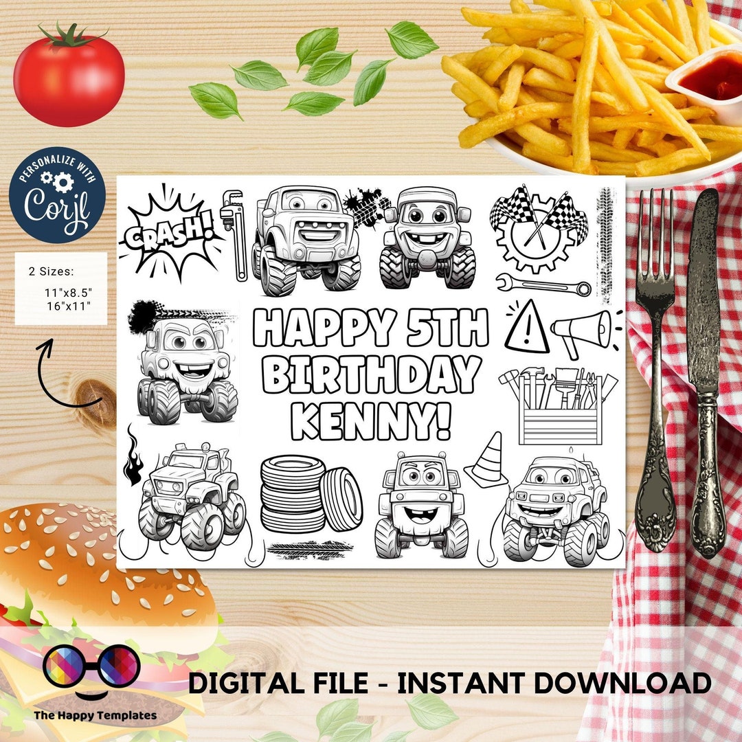 Editable Cute Monster Trucks Coloring Page | Placemat Coloring Page ...