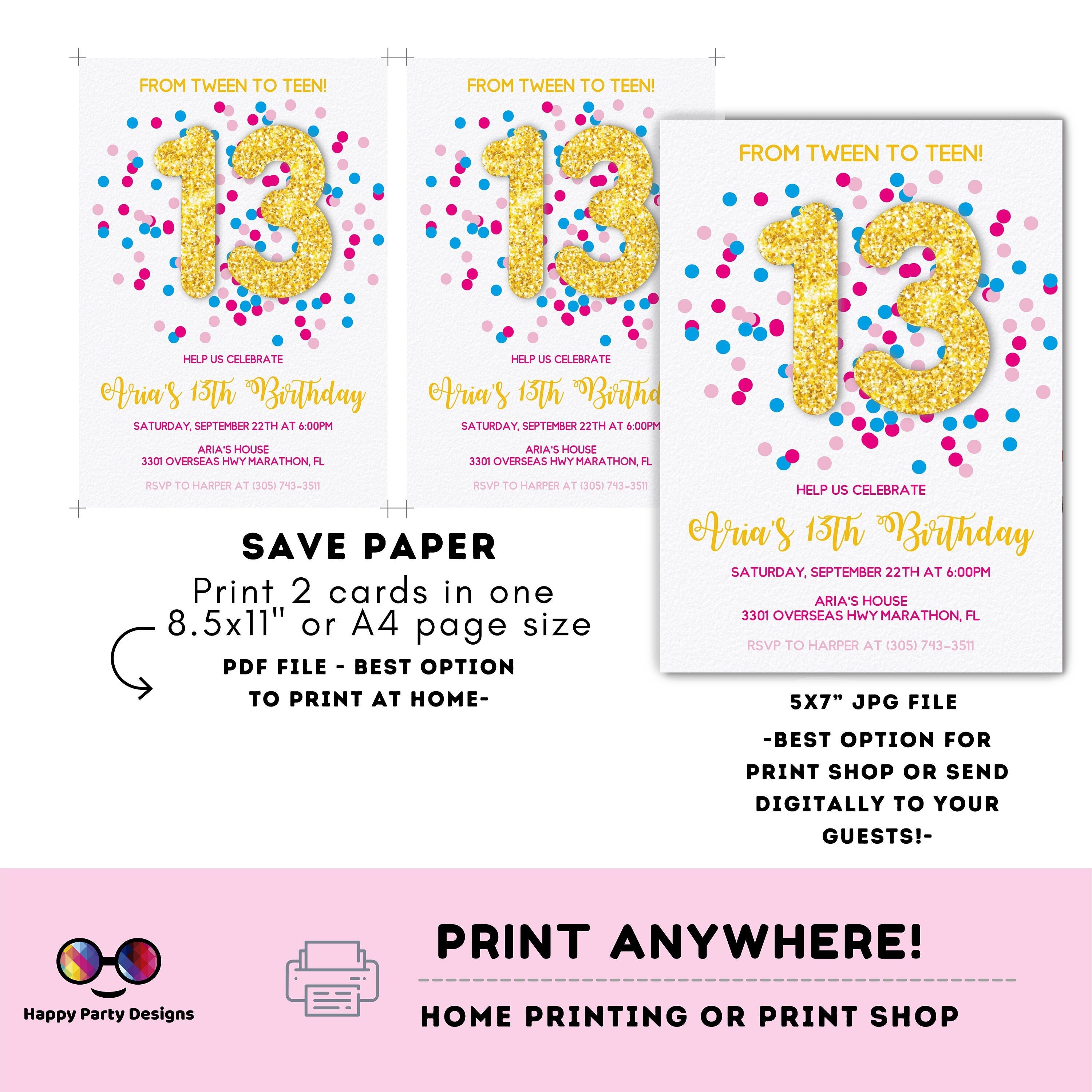 EDITABLE Girl 13th Birthday Invitation Golden Glitter Party - Etsy