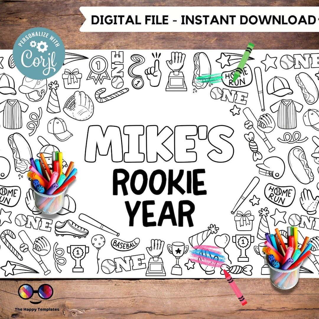 Rookie of the Year Party XL Coloring Table Runner | Editable Baseball ...