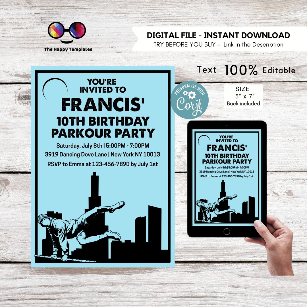 Editable Parkour Party Invitation | Digital Parkour Printable Invite ...