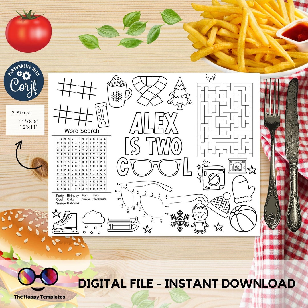 Two Cool Activity Coloring Page | Editable Placemat Coloring Page | Any ...