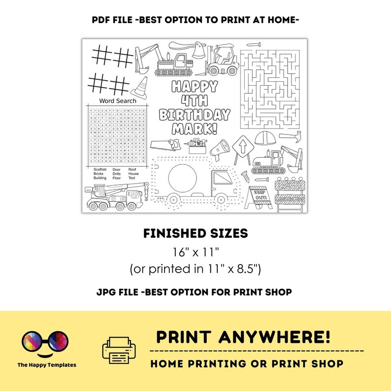 Editable Construction Activity Coloring Page | Placemat Coloring Page ...
