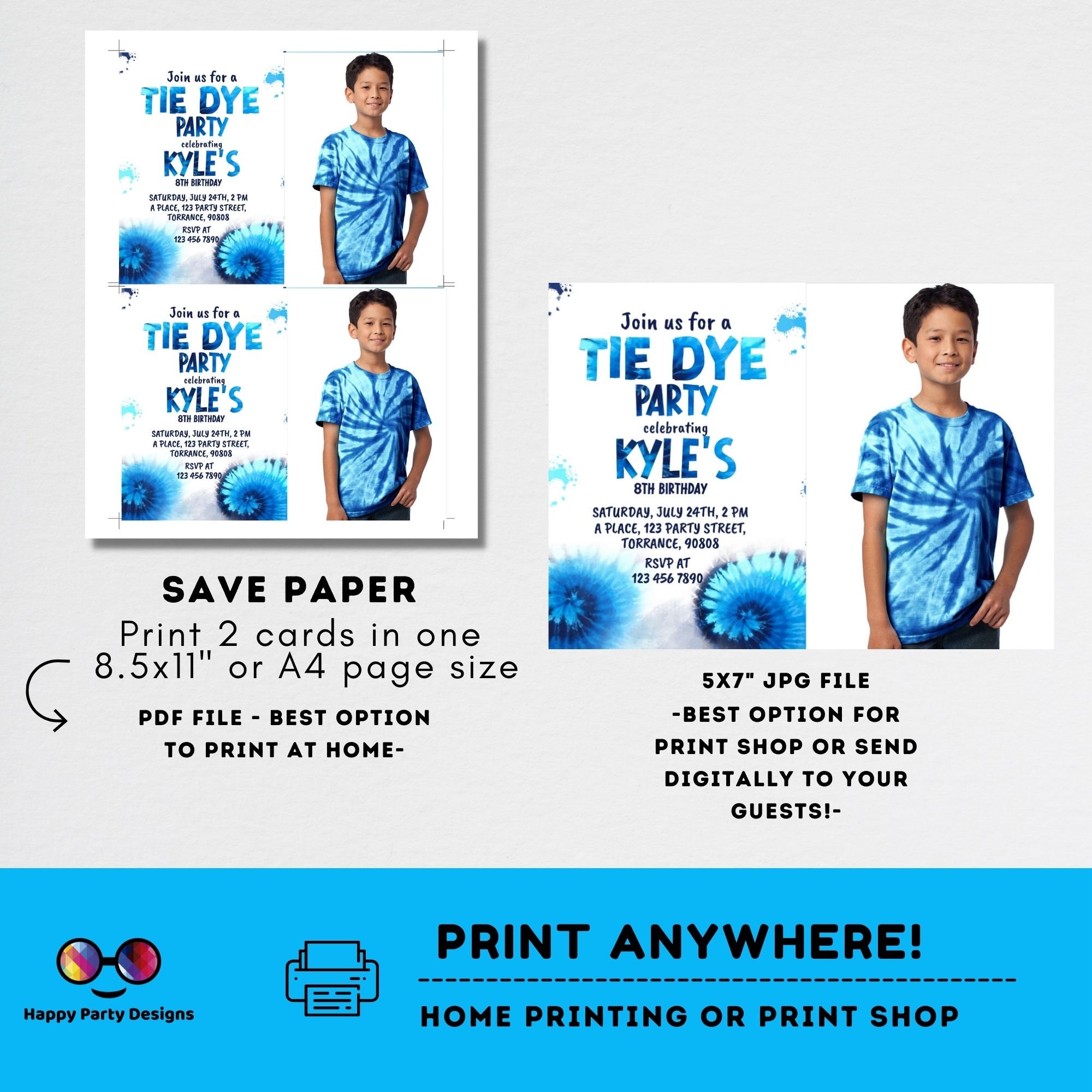 Editable Tie Dye Invitation Instant Download | Blue Tie Dye Birthday ...
