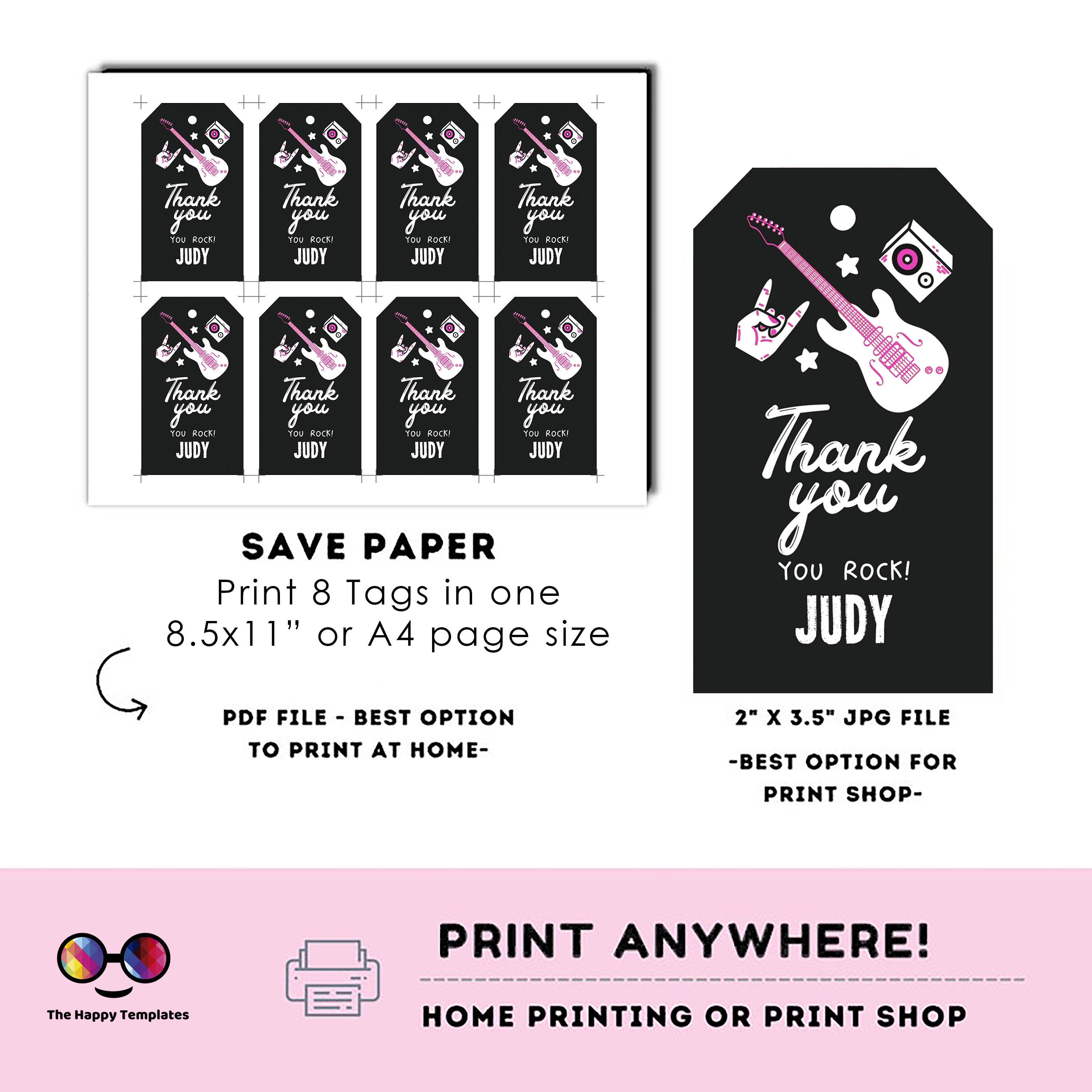 Editable Pink Rock and Roll Favor Thank You Tag | Digital Thank You Tag ...
