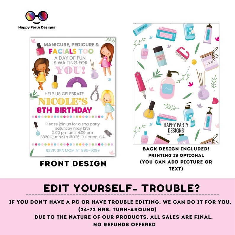Editable Manicures Pedicures and Facials Too Girls Spa Party - Etsy