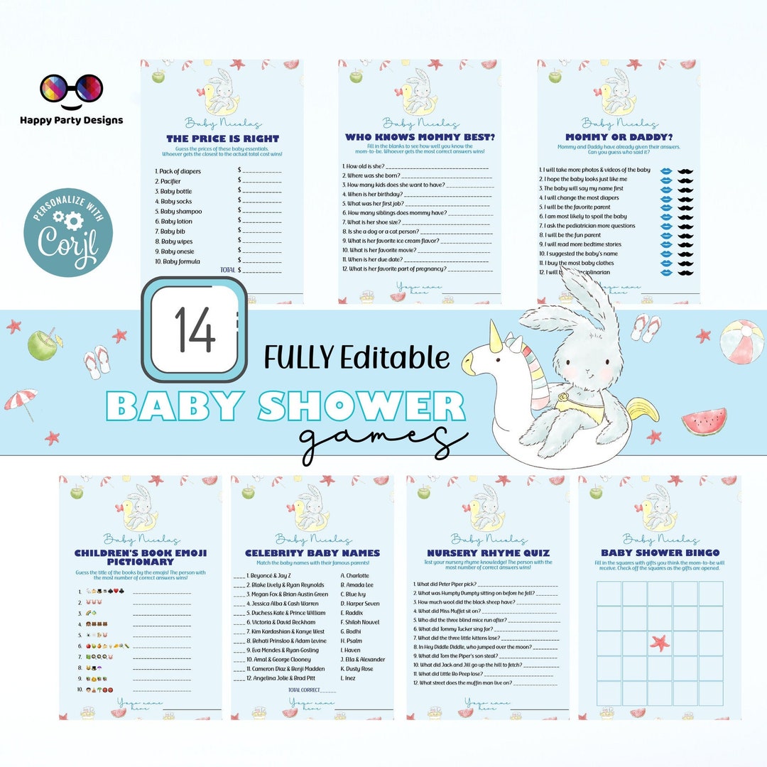 Editable Pool Baby Bash Games Bundle | Digital Pool Party Baby Shower ...