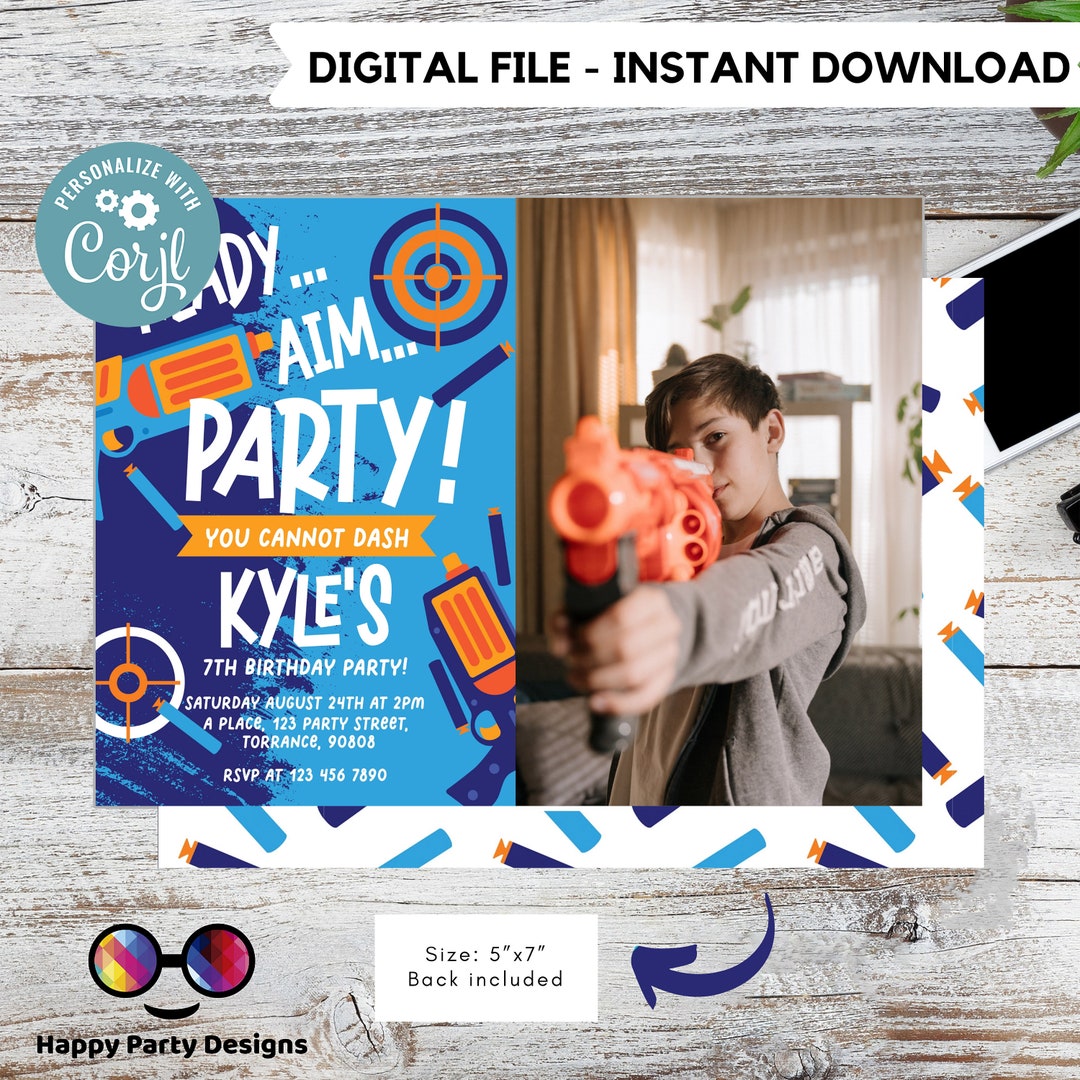 Kids Editable Dart Gun Birthday Invitation Template With Photo Birthday ...