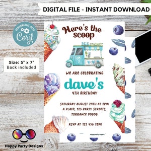 Here's the Scoop Editable Ice Cream Birthday Invitation | Boy ...
